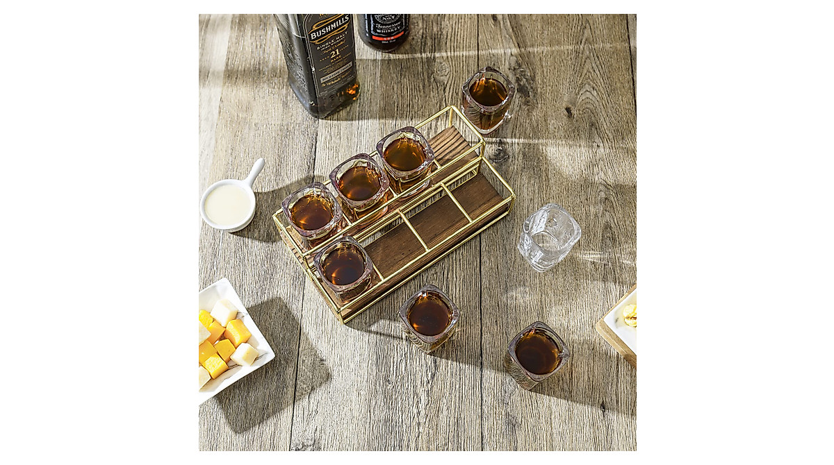 MyGift 2-Tier Brass Tone Metal Shot Tray and Glasses