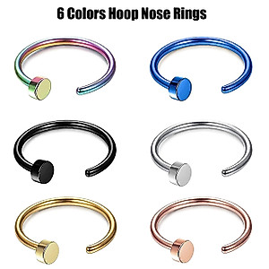 FIBO STEEL 18G-20G 18PCS Stainless Steel Body Jewelry Piercing Nose Ring Hoop for Women(6mix color 18pcs, 20G,6/8/10MM)