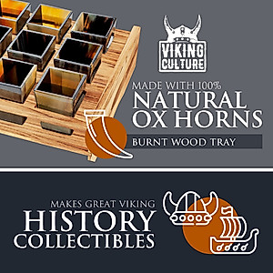 Viking Culture Horn Shot Glasses - Authentic Medieval and Nordic-Inspired Drinkware with Wooden Serving and Storage Tray - Handmade Drinking Set - Perfect for Parties, Collection and Gift