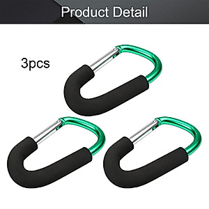 MroMax 3PCS Stroller Hooks, 5.5inches Carabiner Clip, Green Easier Travel Hook, Dog Stroller Leash Hook, Soft Foam Grip, Purse Holder, Large Clips for Hanging Bags, Backpack, Diaper Organizer