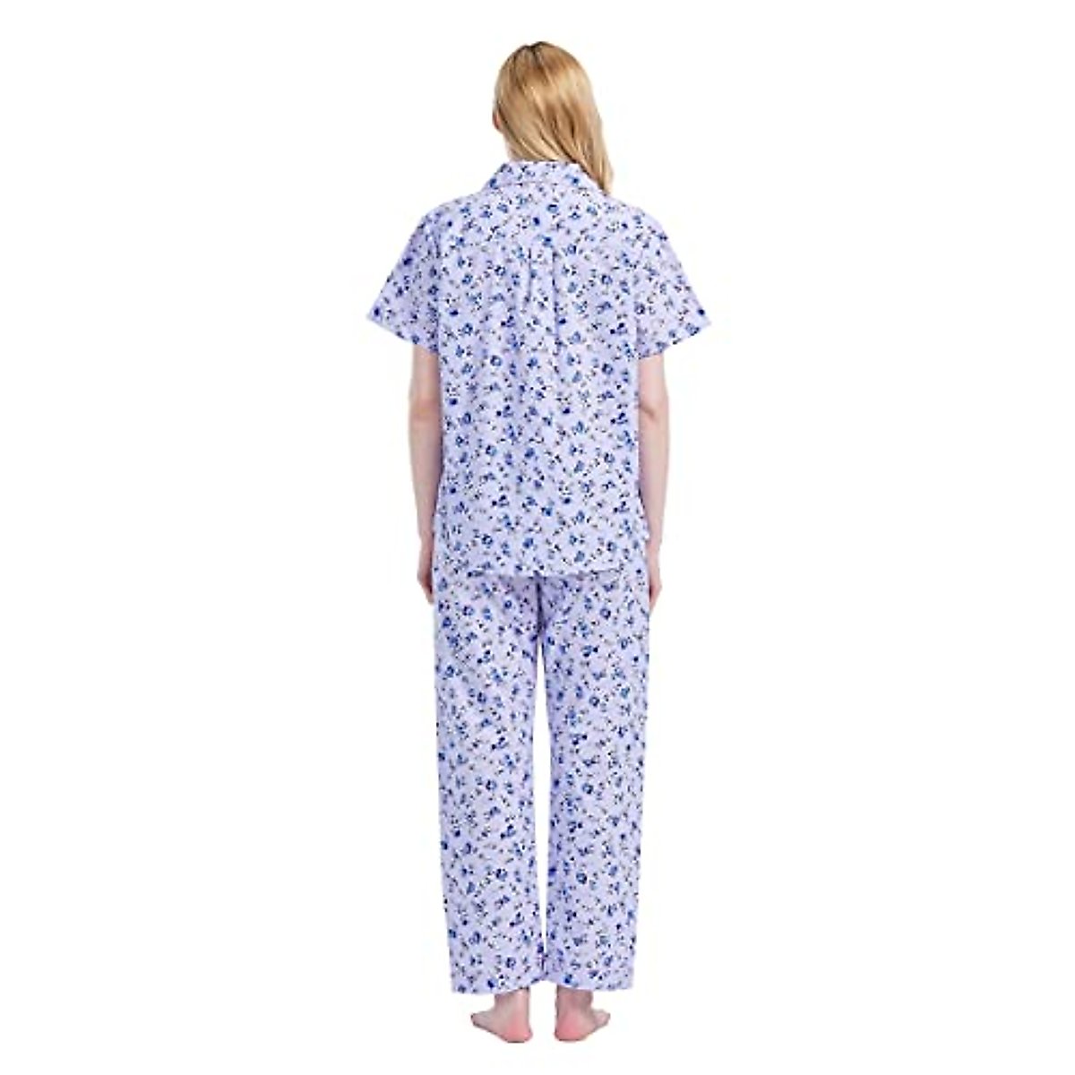 GLOBAL Women's 100% Cotton Pajama Sets | Two-Piece Soft Short-Sleeved and Long Pants PJs for Spring and Summer | Button Down Front Top and Drawstring Waist Bottom Nightwear