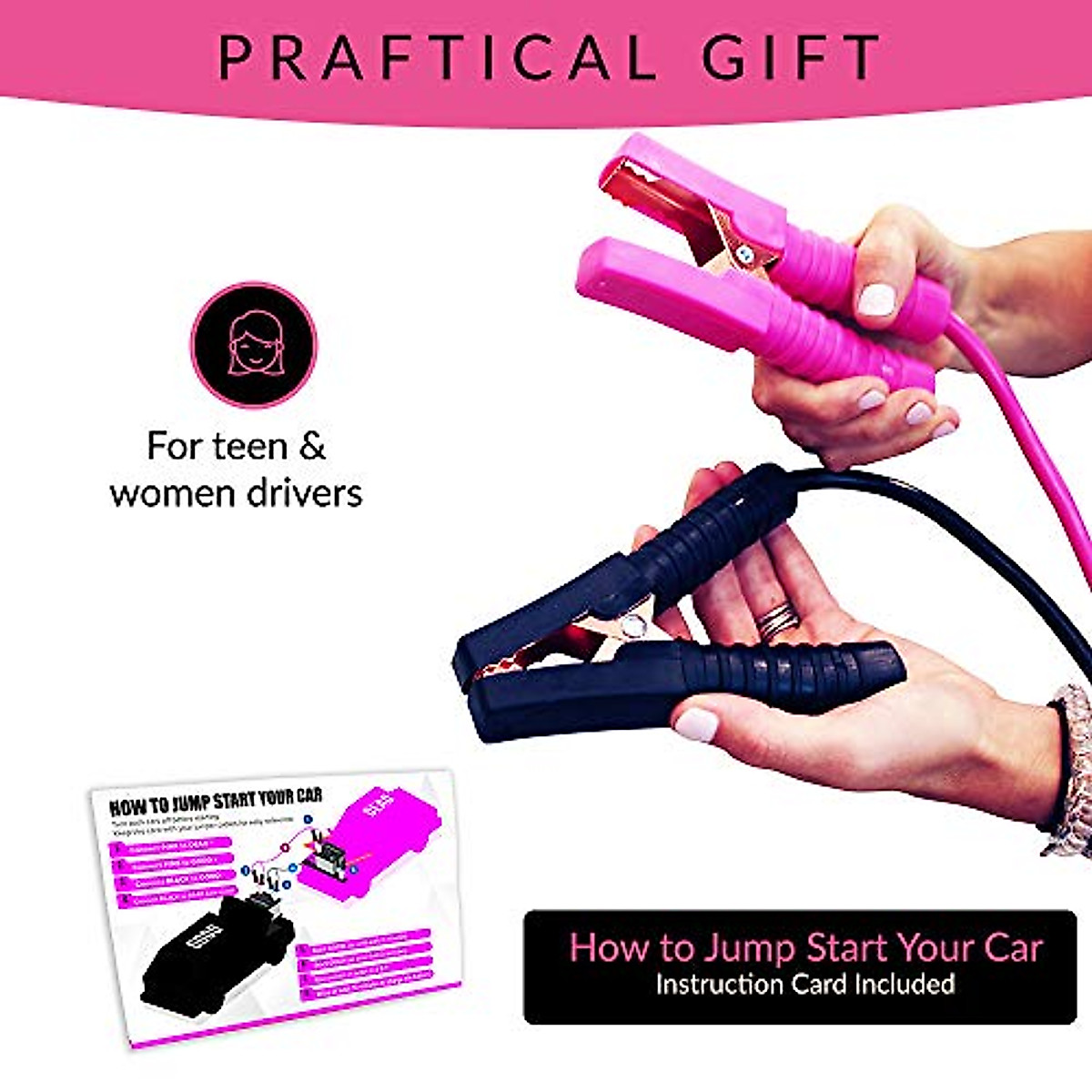 Pretty Pink and Tough Deluxe Jumper Cable Set - Pink Jumper Cables for Teen Girls and Women - 12-ft, Pink and Black Carry Pouch, Instruction Card,