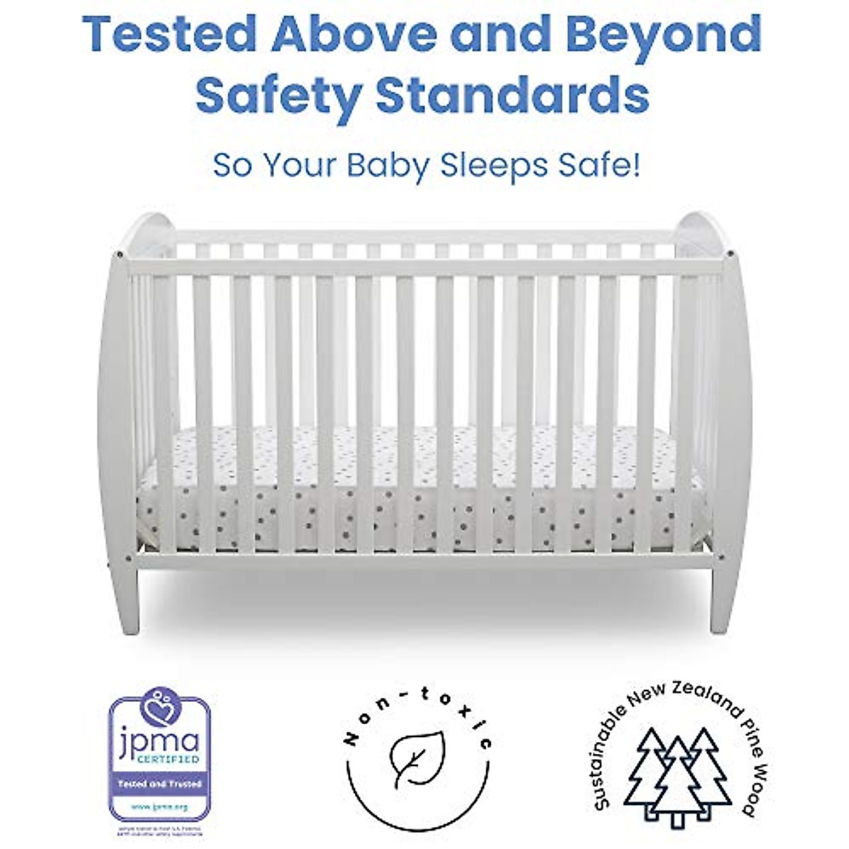 Delta Children Twinkle 4-in-1 Convertible Baby Crib, Sustainable New Zealand Wood, White and Delta Children Twinkle Galaxy Dual Sided Recycled Fiber Core Crib and Toddler Mattress (Bundle)