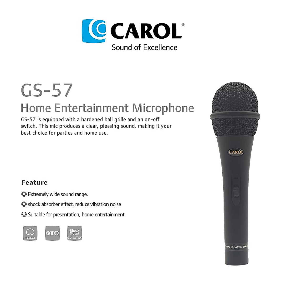 CAROL GS-57 Cardioid Dynamic Vocal Microphone w/ 14.8ft XLR to 1/4"(6.35mm) Cable, for Presentation & Home Studio, Stage, Shock Absorber Effects, Compatible with Amplifier