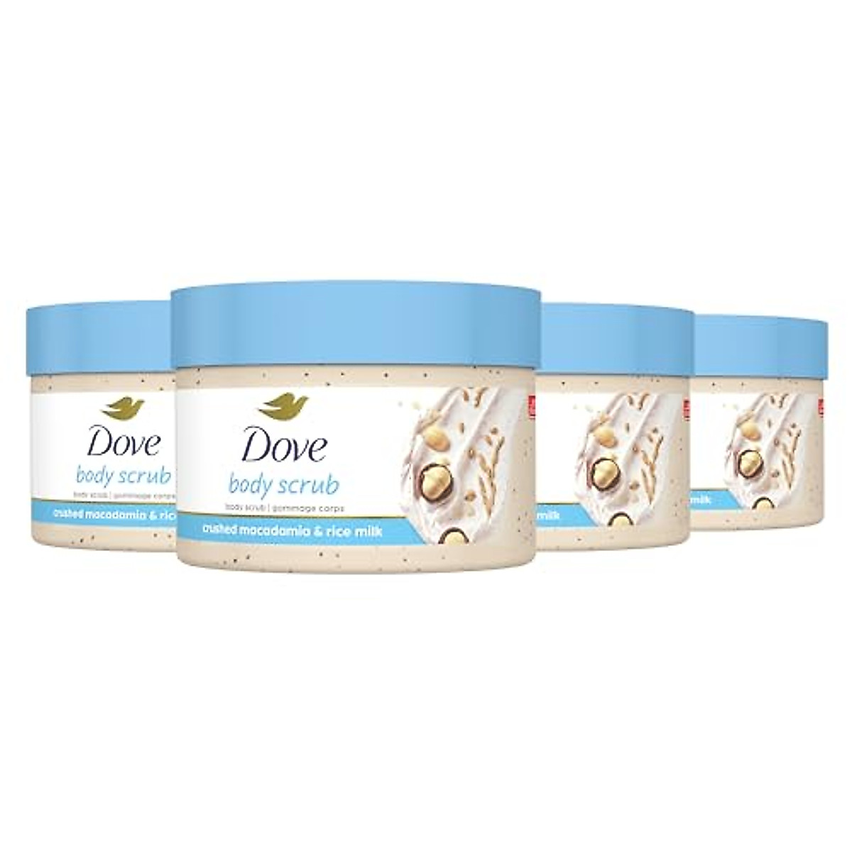Dove Exfoliating Body Polish Scrub Reveals Visibly Smoother Skin Macadamia & Rice Milk Body Scrub That Nourishes Skin, 10.5 oz, 4 Count