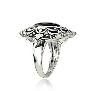 Ice Gems Sterling Silver Simulated Onyx Oxidized Bali Inspired Vintage Oval Ring, Size 7
