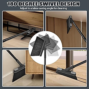 JEHONN Broom and Dust Pan, 54.3 inches Long Handle Swivel Brush, Upright Foldable Dustpan with Comb Teeth for Home Kitchen Lobby Indoor Floor Cleaning (Black & Gray)
