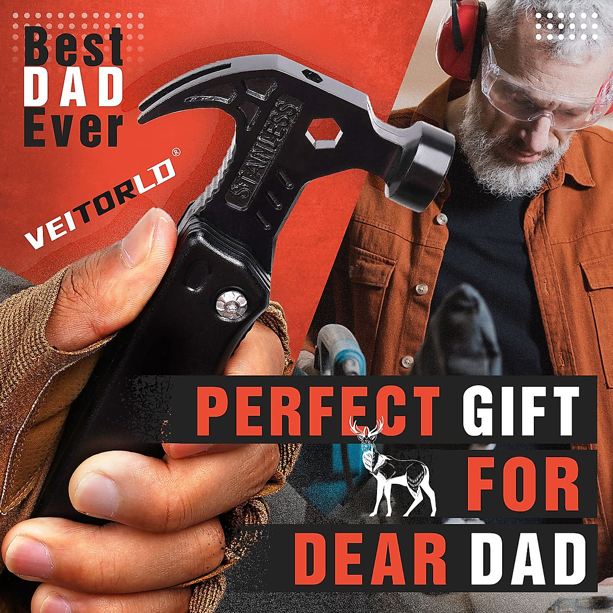 VEITORLD Gifts for Dad from Daughter Son Kids, Unique Fathers Day Birthday Gift Ideas for Husband Men Him, Cool Gadgets Stocking Stuffers for Men, All in One Survival Tools Small Hammer Multitool