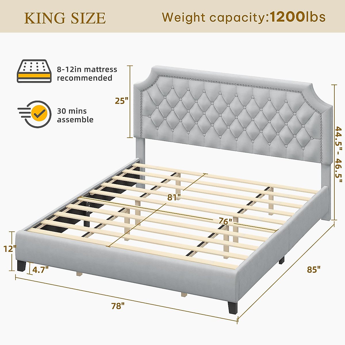 YITAHOME King Size Velvet Bed Frame with Adjustable Headboard, Upholstered Platform Bed with Deep Button Tufted and Rivet Decor, Strong Wooden Slats, No Box Spring Needed, Easy Assembly, Grey