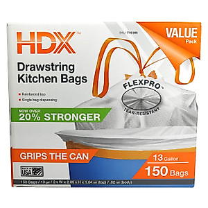 HDX 716866 13-Gallon Drawstring .9 Mil Tear Resistant Expandable Kitchen Trash Bag w/ Dispensing Container (150 Count) [Packaging May Vary]