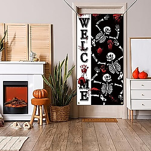 SENSEVEN Halloween Skull Door Banner, Scary Spooky Skeleton Halloween Welcome Door Cover, Day of The Dead Skeleton Halloween Holiday Porch Sign Door Decor Backdrop Banner 70.9 x 35.4 Inches