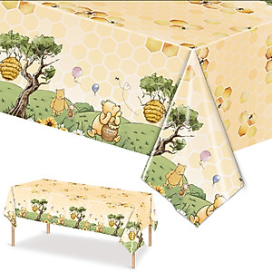 3PCS Yellow Classic Winnie Baby Shower Tablecloths, Birthday Party Decorations Boys Birthday Disposable Plastic Tablecloths Party Supplies -54x108IN