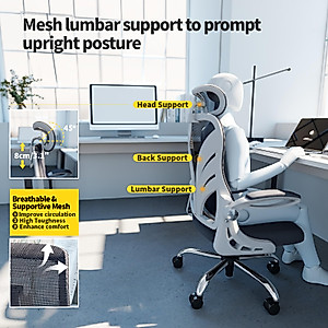 HOLLUDLE Ergonomic Office Chair with Foldable Backrest, Computer Desk Chair with Flip-up Armrests, Mesh Lumbar Support and 2D Headrest Big and Tall Office Chair, White