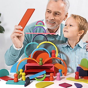 SHIERDU 45-Piece Wooden Rainbow Stack Set, 4-in-1 Building Blocks preschoolers Early Development & Activity Toys Montessori Toys for Kids 3, 4, 5, 6 Years and Older Gifts for Boys and Girls