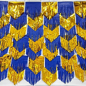 Royal Blue Gold Tassel Backdrop Tissue Paper Metallic Foil Fringe Tinsel Garland Streamers Bunting Banner for Graduation Birthday Anniversary Bachelorette Wedding Engagement Party Decorations Supplies