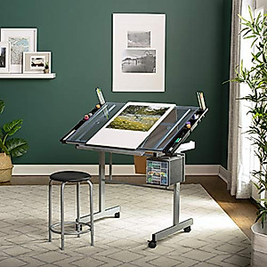SD Studio Designs Studio Designs 2 Piece Vision Modern Metal Hobby, Craft, Drawing, Drafting Table, Mobile Desk with 40.75" W x 25.75" D Angle Adjustable Top in Silver/Blue Glass