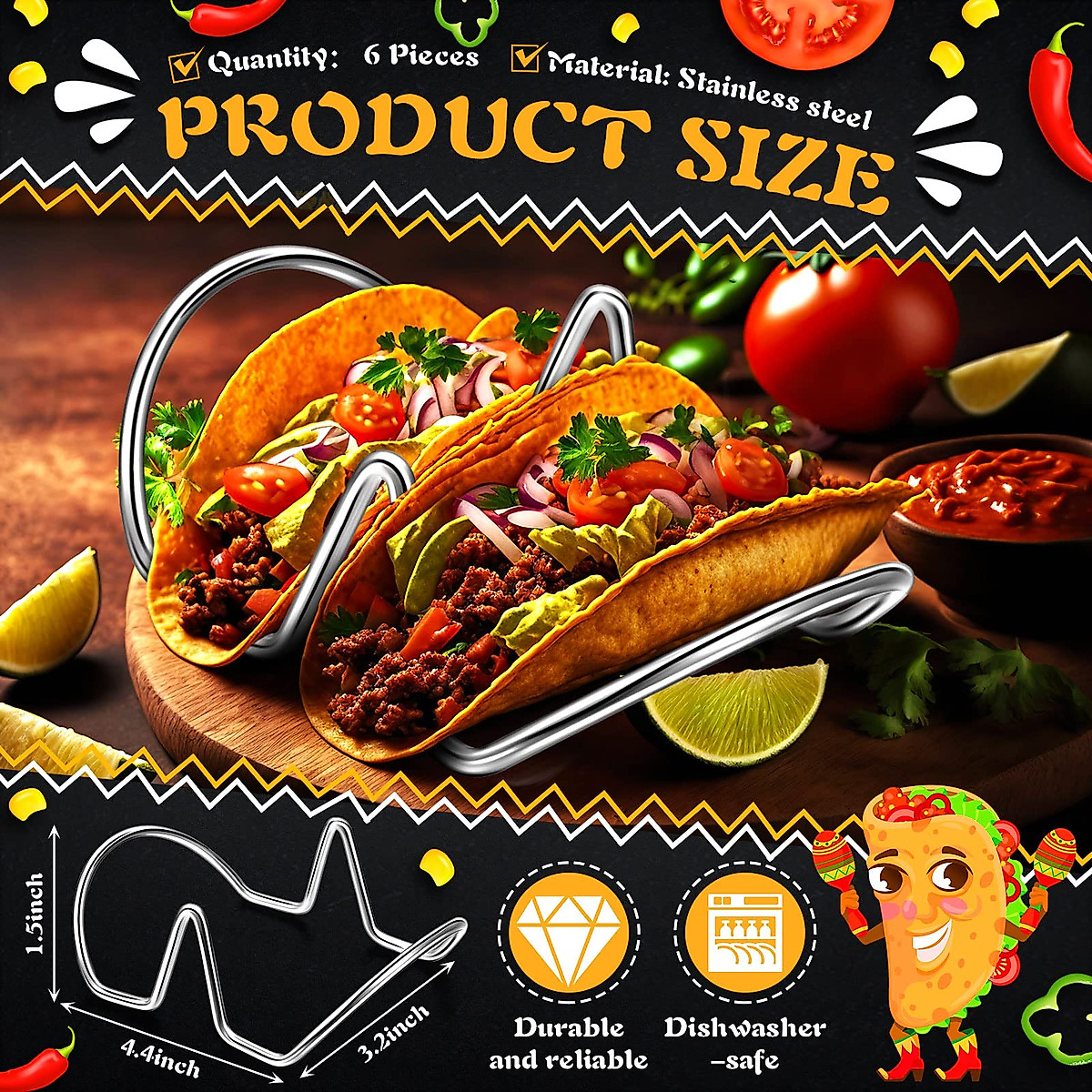 Set of 6 Taco Holders Stainless Steel Taco Stand for 2 Hard or Soft Tacos Taco Shell Holder Stand Taco Tray Taco Rack for Baking Taco Bar Gifts Accessories, Dishwasher Safe