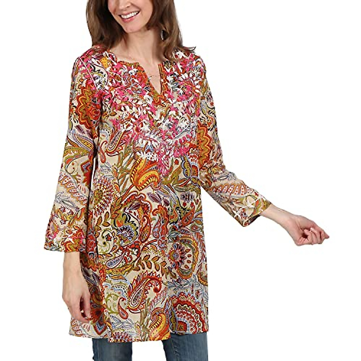 FLORIANA Womens Floral Embroidered Blouse - Long Tunic, Cute Tops for Women Pink, Small