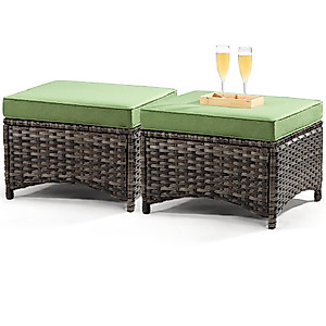 MeetLeisure Outdoor Ottomans for Patio Set of 2 PE Wicker Steel Frame Outdoor Footstool with Removable Olefin Cushions for Patio, Backyard and Deck,Green