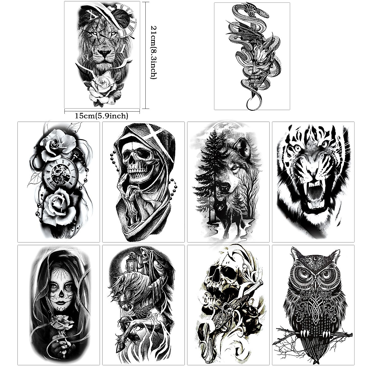 Hotoyannia 82 Sheets Large-Size Black Temporary Tattoos Stickers, Includes 10 Large-Size Fake Tattoos That Look Real and Last Long, Halloween Tattoos Include Wolf Lion Tiger Skeleton Skull Tattoos