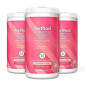 Method All-Purpose Cleaning Wipes, Pink Grapefruit, Multi-Surface, Compostable, 70 Count (Pack of 3)