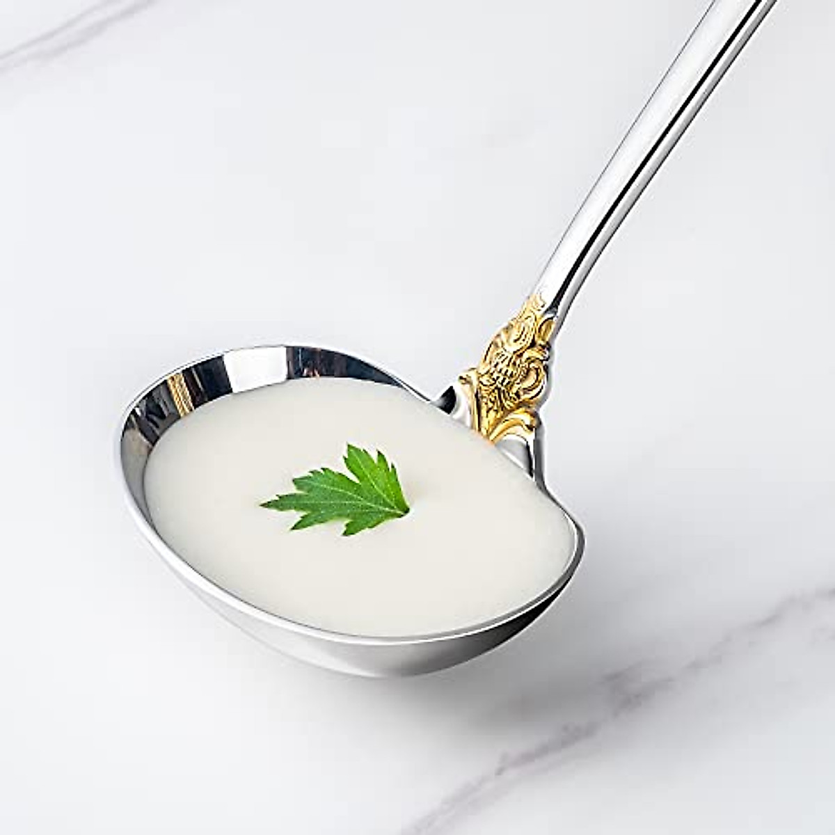 KEAWELL Luxury Gravy Ladle, 18/10 Stainless Steel, Gold Accent, Small Gravy Spoon for Home. Solid and Sturdy, Set of 2, Dishwasher Safe