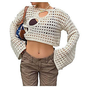 Women Hollow Out Crochet Knit Crop Tops Color Block Long Sleeve Square Neck Fall Sweaters Tops