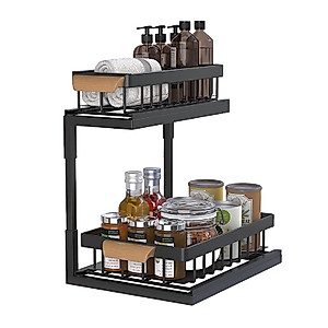 Under Sink Organizers, 2 Tier Pull Out Organizer and Storage, Upgraded Metal Storage Shelves with Sliding Basket, Cabinet or Countertop Organizer for Kitchen Bathroom (1 PC)