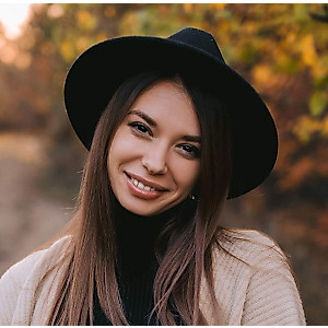 Lanzom Women Wide Brim Warm Wool Fedora Hat Retro Style Belt Panama Hat (Black, One Size)