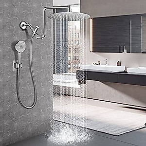 12" Rainfall Shower Head with Handheld Combo, High Pressure Shower Heads with Upgraded 12" Adjustable Curved Shower Extension Arm, 6 Settings Handheld Shower Head Built-in Power Wash Anti-leak（Chrome）