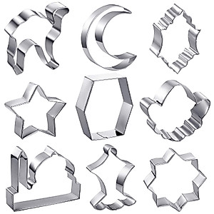 9 Pieces Eid Mubarak Cookie Cutters Eid Ramadan Biscuit Molds DIY Biscuit Cutters Stainless Steel Fondant Cutters with Lantern Camel Moon Design for Eid Mubarak Holiday Party Supplies