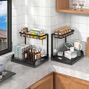 Fkprorjv Under Sink Organizers and Storage, 2 Pack Kitchen Bathroom Sink Organizer with Hooks, 2 Tier Under Sink Cabinet Basket Storage Shelf with Sliding Drawers, Black