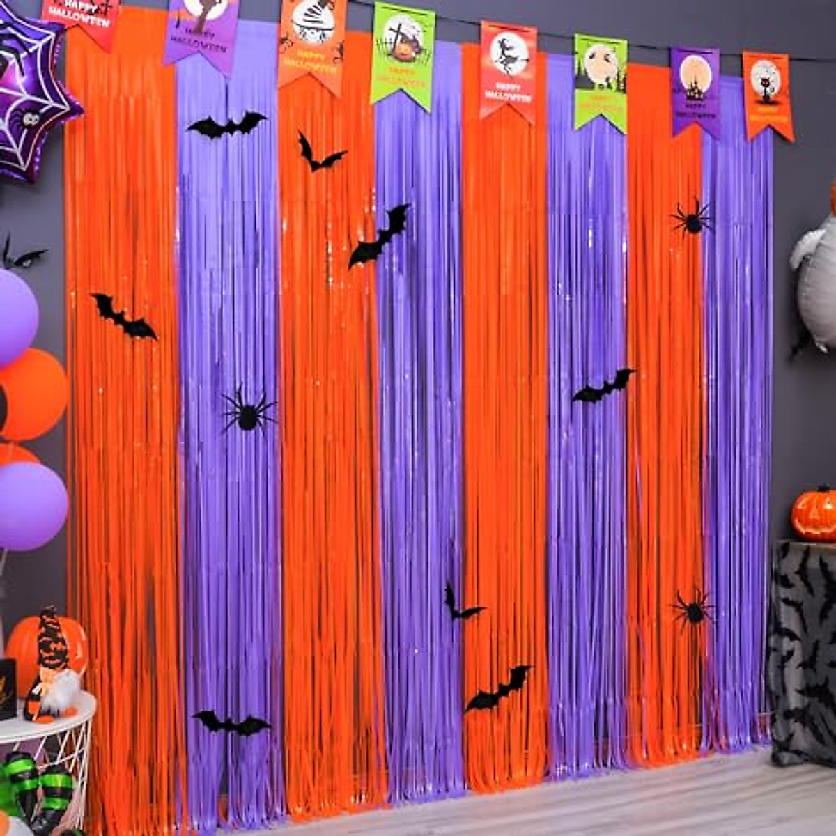 Mega-L Halloween Party Decorations, 2 Packs Orange Purple Photo Booth Props, 3.3 x 6.6 ft Halloween Foil Fringe Curtains with Bats, Photo Backdrop Streamers Halloween Party Supplies