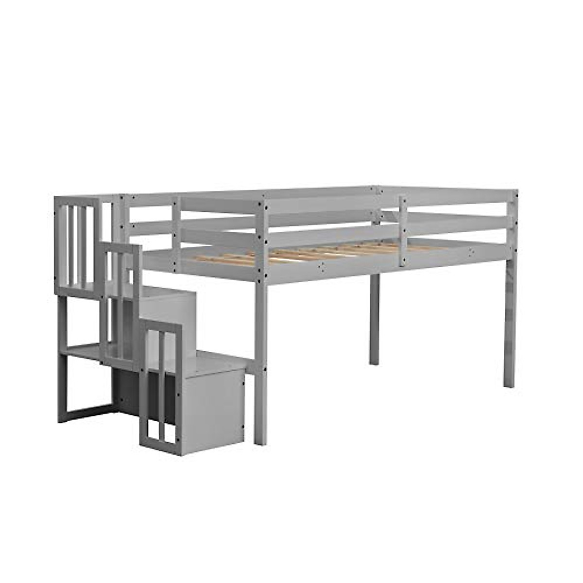 Olela Twin Loft Bed,Wooden Low Loft Bed with Stairs for Kid Junior,No Box Spring Needed,Easy to Assembly (Grey, No Slide)