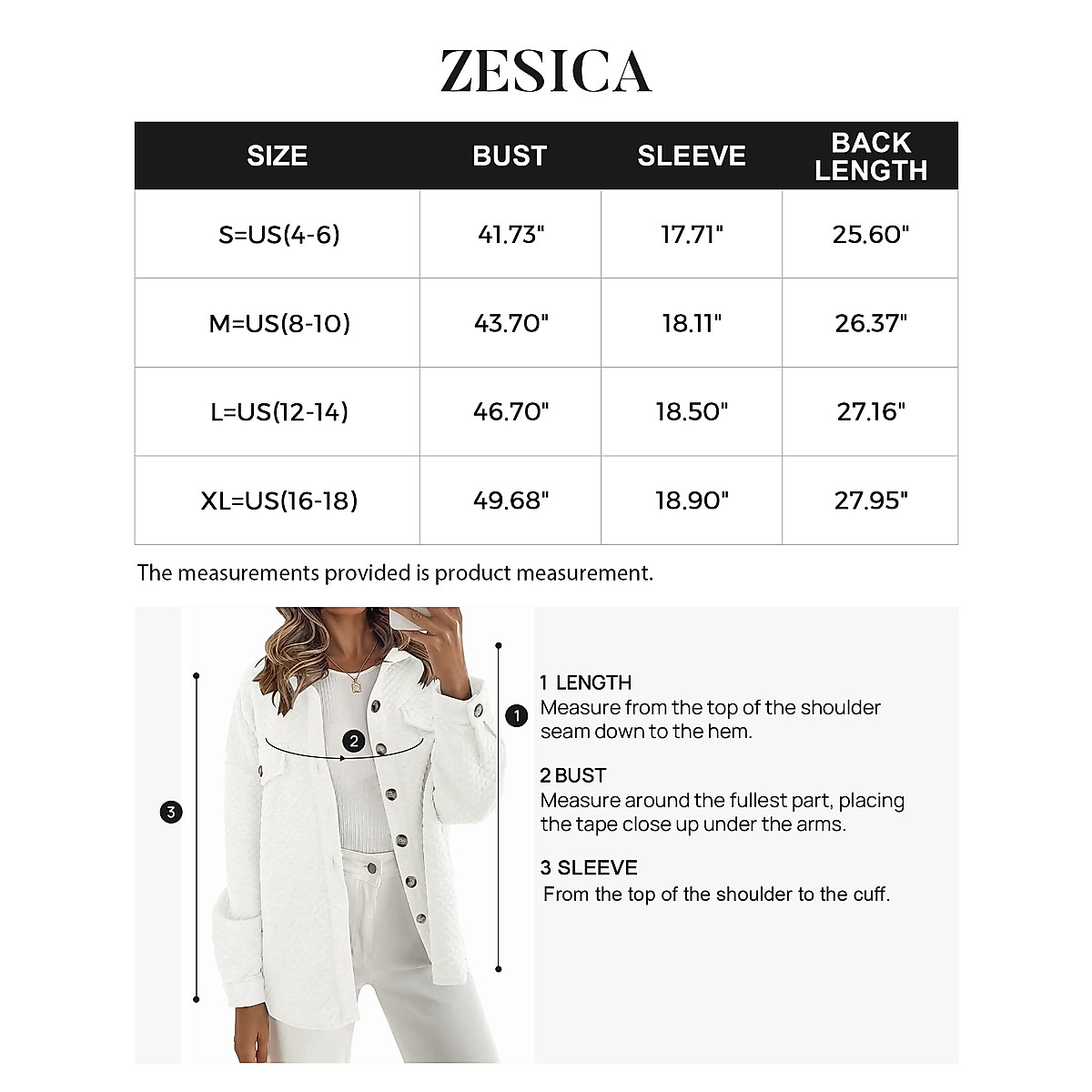 ZESICA Women's Casual Long Sleeve Button Down Loose Lightweight Shacket Shirt Jacket Coat Outerwear with Pockets,White,Medium