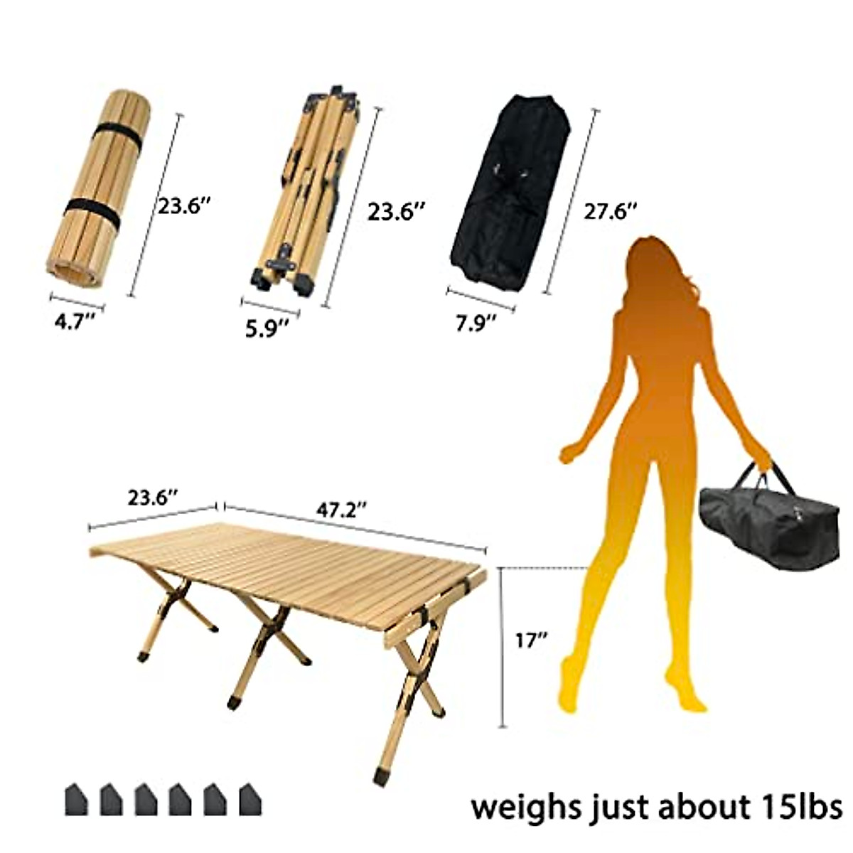 Go-Trio 4ft Low Portable Picnic Table, Boho Picnic Table with Carry Bag, Wooden Picnic Table Foldable, Adjustable Height Roll Up Folding Wooden Table Indoor Outdoor Camping, BBQ, Travel, Beach, Party