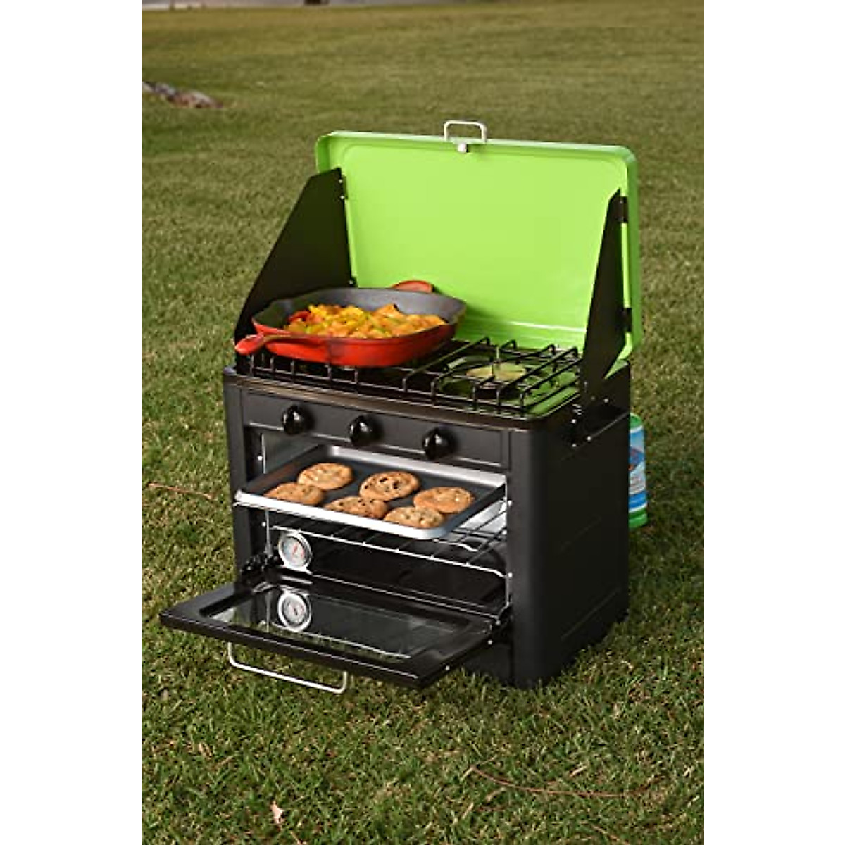 Flame King YSNHT-300 Portable Outdoor Propane Oven Stove Combo for Camping, RV, Tailgating, Trailer, Green/Black