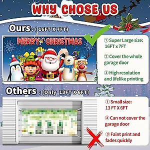 Christmas Garage Door Banner 16 x 7 ft, Merry Christmas Holiday Garage Door Decorations Cover Santa's Reindeer Garage Door Murals Large Backdrop Background for Photo Christmas Party Outdoor Banner