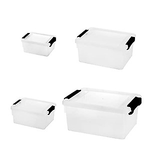 Jucoan 4 Pack Clear Plastic Storage Bin with Lid and Black Buckles, 8.5/4.5/1/0.5 Quart Stackable Plastic Latch Bin Tote Container for Snack Toy Crafts Art Supplies