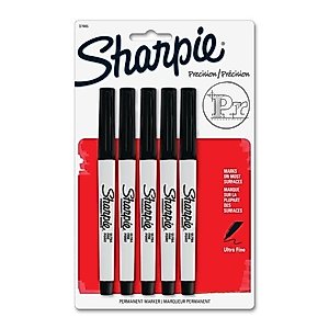 Sharpie Products - Sharpie - Permanent Markers, Ultra Fine Point, Black, 5/Pack - Sold As 1 Pack - Extra precise, 0.2mm narrowed tip for extreme control and accuracy. - Permanent on most surfaces. - Quick-drying ink is waterproof, smearproof and fade-resi