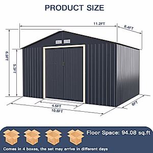 IRONMAX 11x8 FT Outdoor Storage Shed, Galvanized Steel Garden Shed w/Double Sliding Doors & Air Vent for Lawnmower Tool Bike, Heavy Duty Tool Storage House for Backyard Patio Lawn