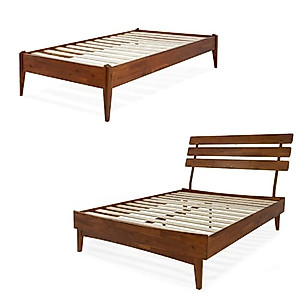 Bme Caden and Dinkee Solid Acacia Wood Deluxe Bed Frame - Mid Century, Retro Style - Easy Assembly - No Box Spring Needed - 12 Strong Wood Slat Support, Queen & Twin, Dark Chocolate