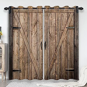 Renaiss Wooden Door Curtains Rustic Vintage Wooden Barn Door Print Farmhouse Style Window Treatment 84" H x 42" W Set of 2 Panels Grommet Bedroom Living Room Blackout Window Drapes