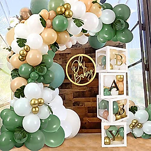 Golray 108pcs Baby Shower Boxes Decorations with Sage Green Balloon Garland Arch - 4 BABY Box Block and 30 Gold Letter, Leaf, Baby Boy Girl Gender Reveal 1st Birthday Safari Wild Party Decor Backdrop
