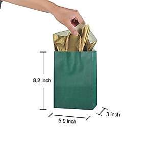 Small Dark Green Paper Bag with Handle Party Favor Bag 8.2x5.9x3 inch for Christmas Birthday Summer Jungle Party Recycled Bag, Pack of 12