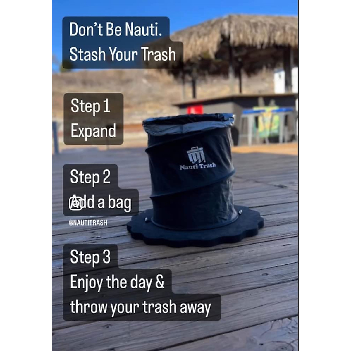 Nauti Floating Trash Can Light Weight Collapsible Floating Trash can. Perfect for Water and Outdoor Activities. Folds Flat for Easy Storage When not in use. Don’T BE Nauti, STASH You Trash!