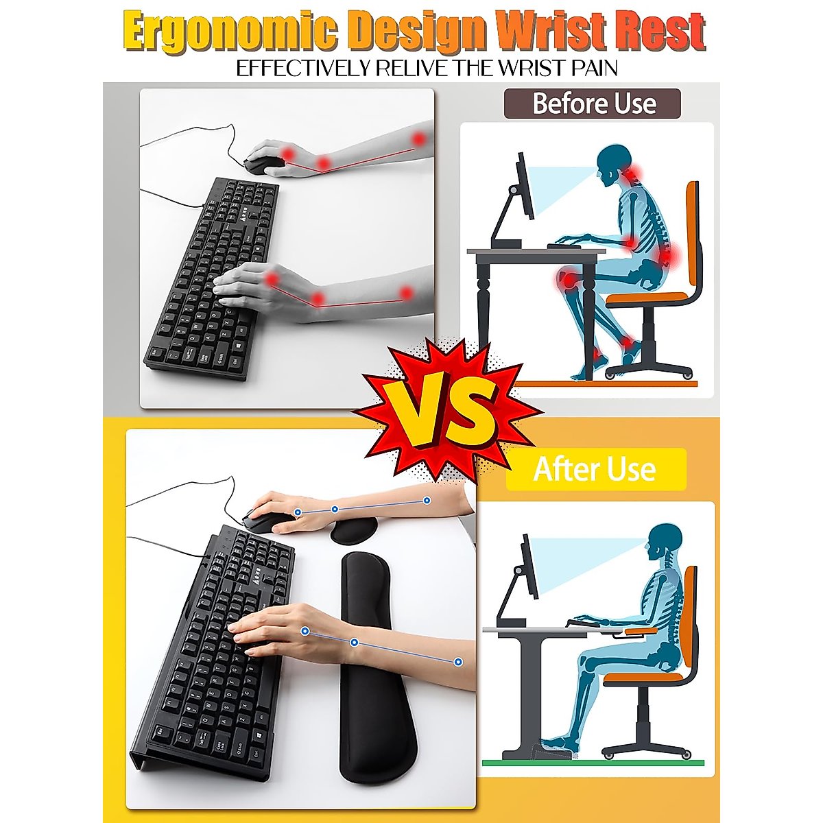 Kalolary 3Pcs Black Acrylic Tilted Computer Keyboard Holder with Mouse & Keyboard Wrist Rest Pad, Computer Keyboard Stand Set for Easy Ergonomic Typing for Office Desk, Home, School