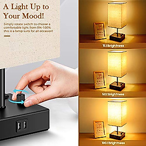 Upgraded Fully Dimmable USB Bedside Table Lamp Set of 2, Nightstand Table Lamps with 2 USB Charging Ports 2 AC Outlets, Square Fabric Shade Modern Desk Lamp Set for Bedroom Living Room, Bulbs Included