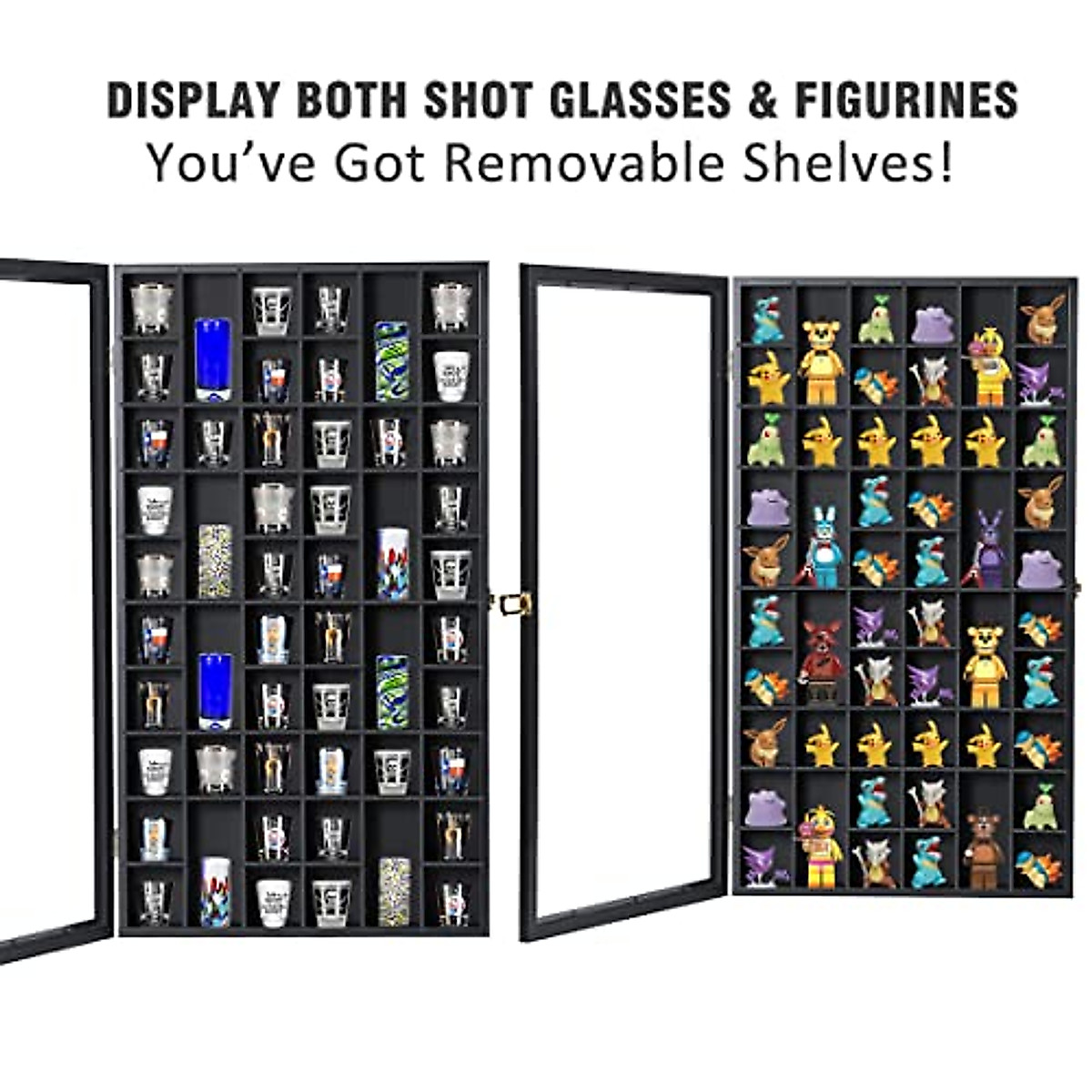 Shot Glass Display Case Large Wooden Cabinet Rack Holder Wall Mounted Black Shadow Box Lockable with UV Protection Acrylic Glass Door Shot Glass Storage Case with Removable Shelves, 17"x32", 52 Slots