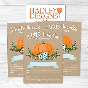 25 Pumpkin Blue Baby Shower Invitations, Sprinkle Invite For Boy, Coed Rustic Gender Reveal Theme, Cute Autumn Kraft Floral DIY Fill or Write In Blank Printable Card, Greenery Rose Party Supplies